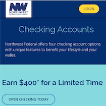 Northwest Federal Credit Union $400 Checking Account Bonus
