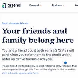 Arsenal Credit Union: $75 New Member Bonus and $75 Referrals